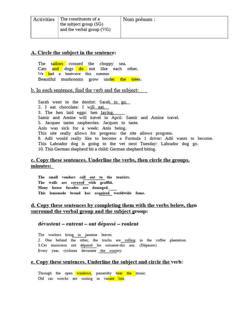 Activities - The Components of A Sentence | PDF