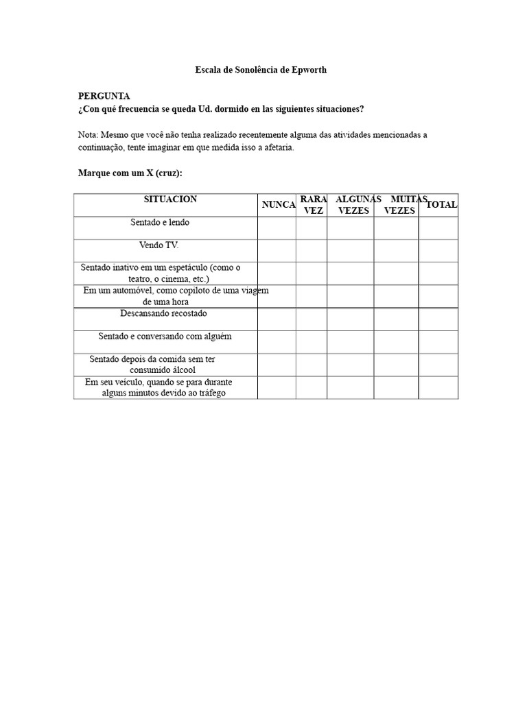 Escala de Sonolência de Epworth: Avaliação | PDF