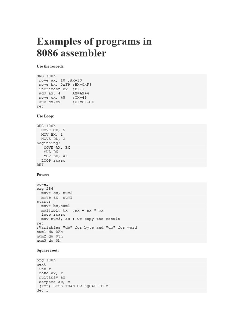 Examples of Programs in 8086 Assembly | PDF | String (Computer Science) | Computer Architecture