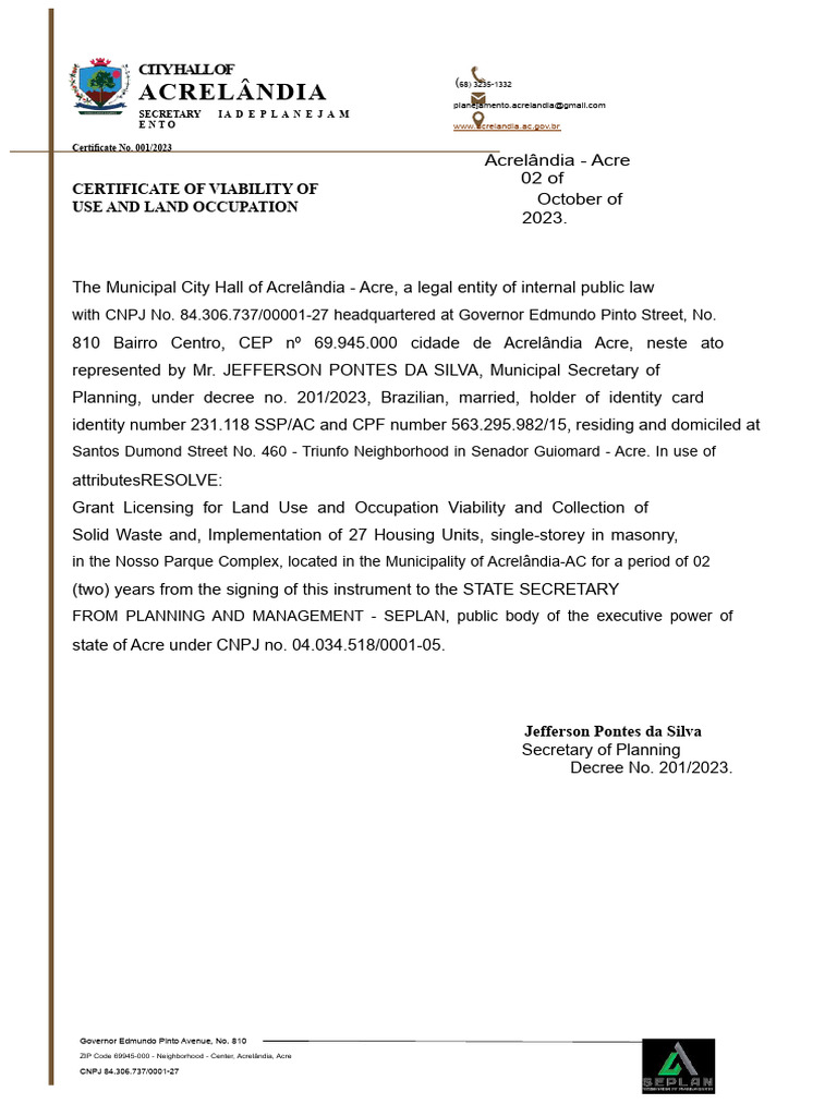 Model Certificate of Land Use and Occupation Viability | PDF