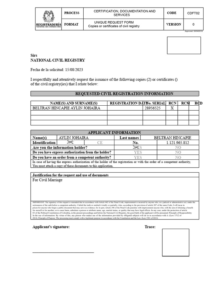 Civil Registry Application Form - CDFT02 | PDF | Justice | Crime & Violence