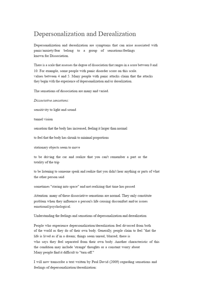 Depersonalization and Derealization | PDF | Dissociation (Psychology ...