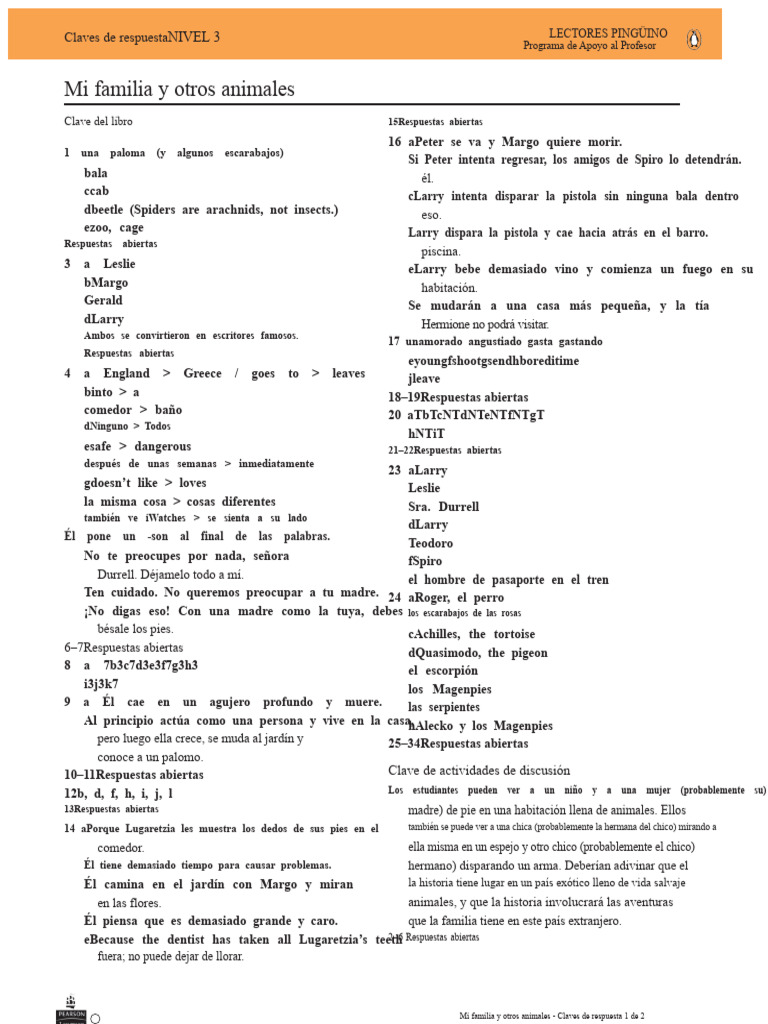 Claves de Respuesta: Mi Familia y Otros Animales | PDF