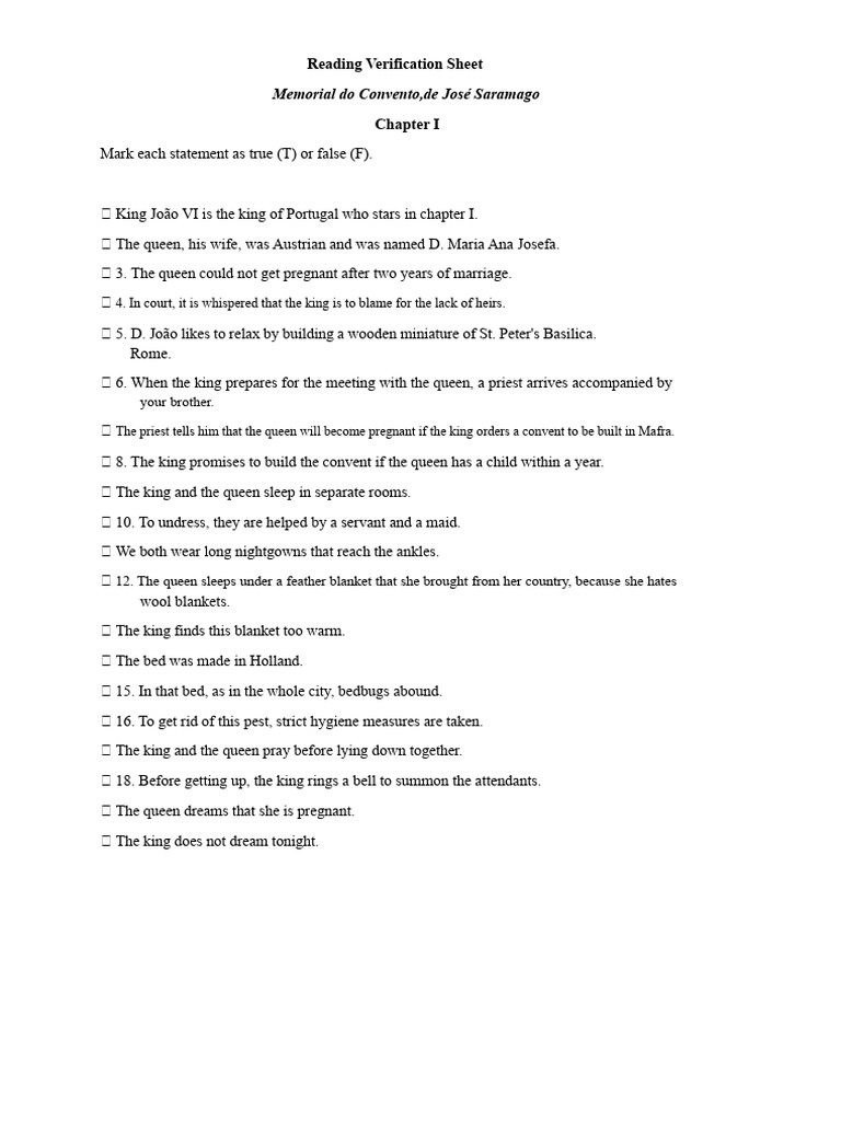 Reading Verification Sheet Mem. Convent Chapter I | PDF