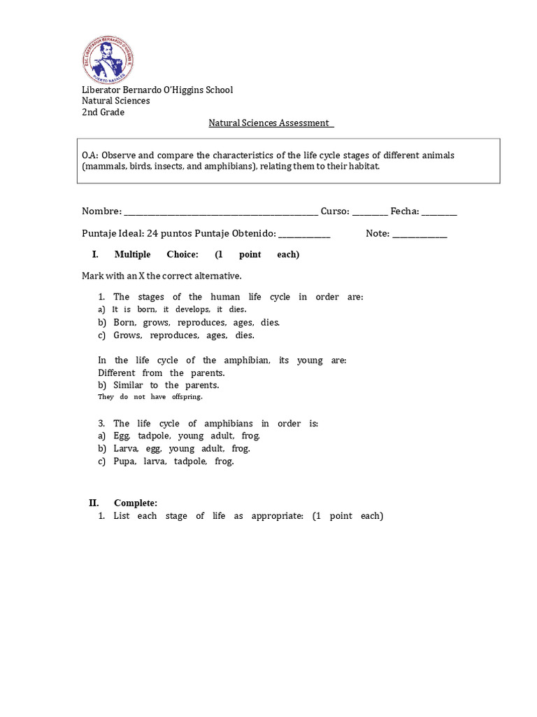 Assessment Natural Sciences Life Cycle | PDF