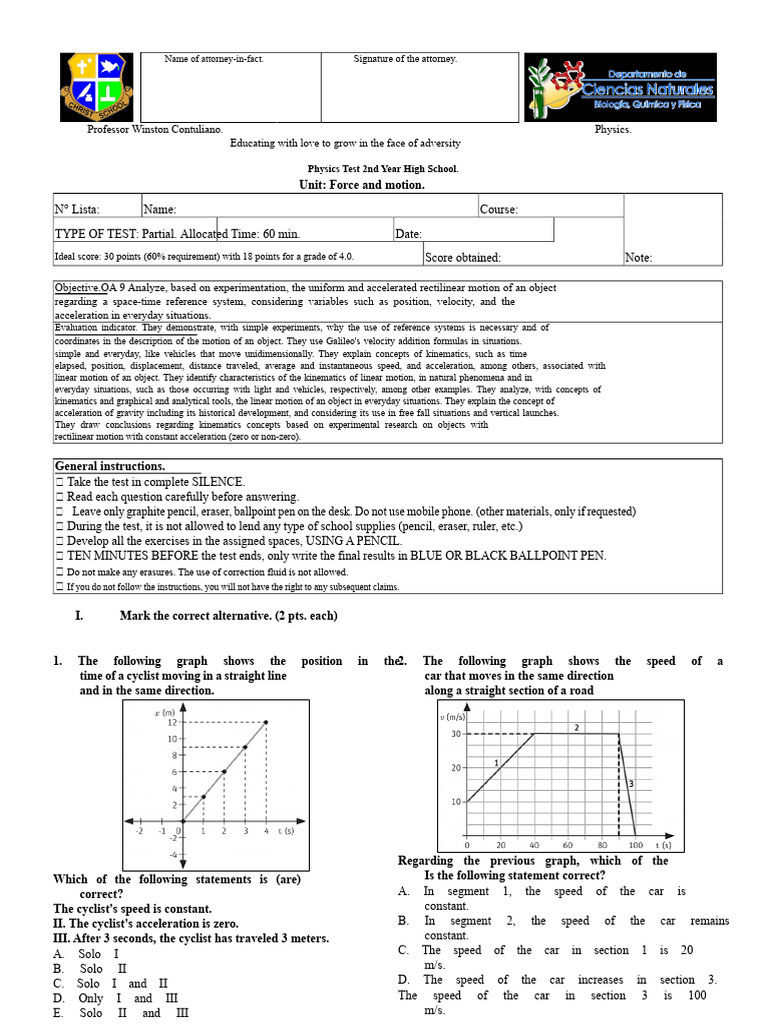 02 Physics Test Force and Motion 2nd Year | PDF | Force | Kinematics