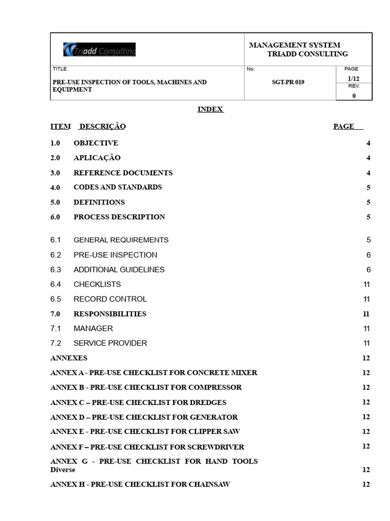 Pre-Use Inspection Procedures for Equipment | PDF | Verification And ...