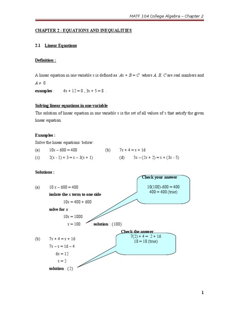 MATF 104 College Algebra - Chapter 2 | PDF | Equations | Factorization