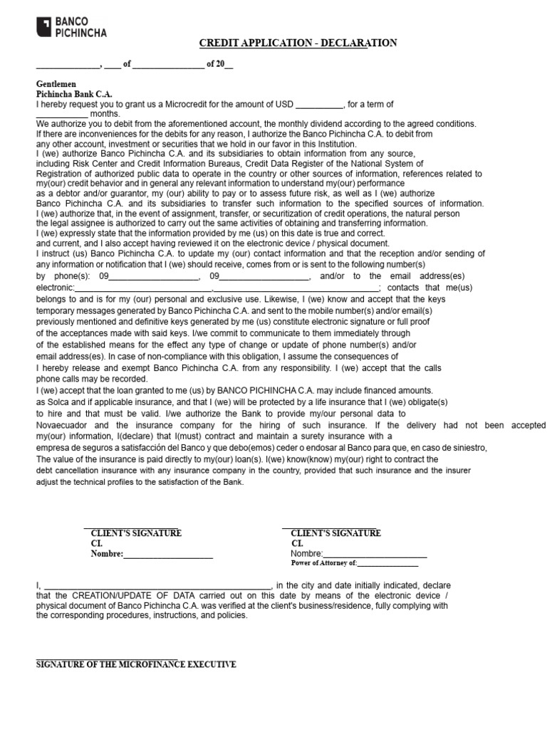 Credit Application Declaration Holder | PDF | Credit | Finance & Money ...