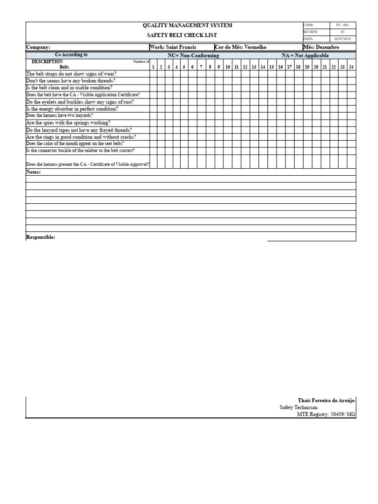 Check List - Seatbelt | PDF