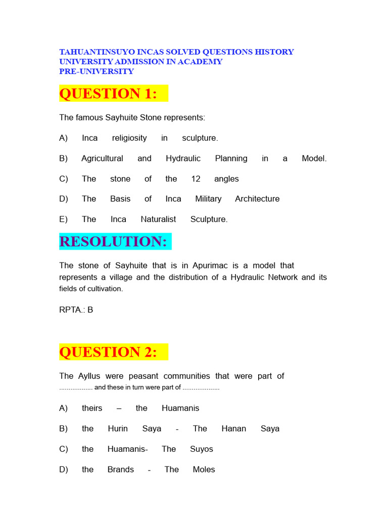 Tahuantinsuyo Incas Answered Questions History of Admission Exam | PDF ...