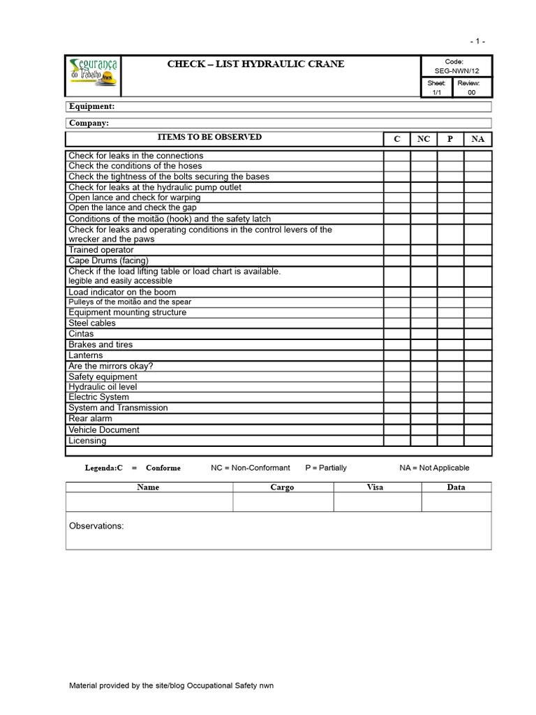 Check List Hydraulic Crane | PDF