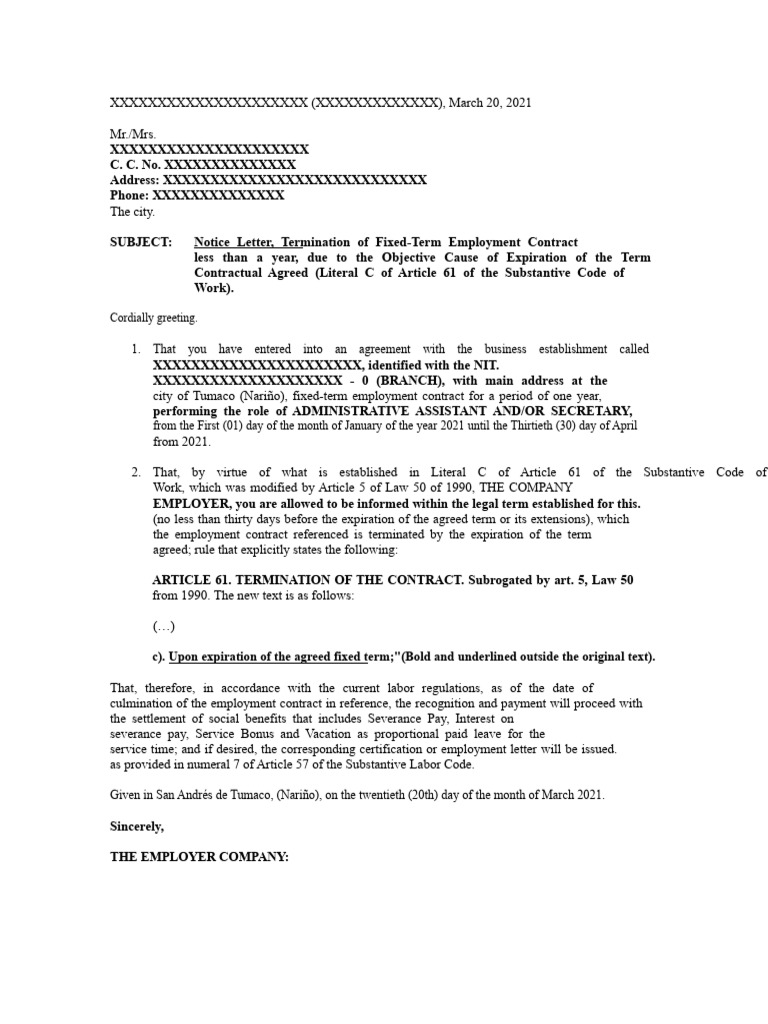 Termination Notice for Fixed-Term Contract | PDF | Employment ...