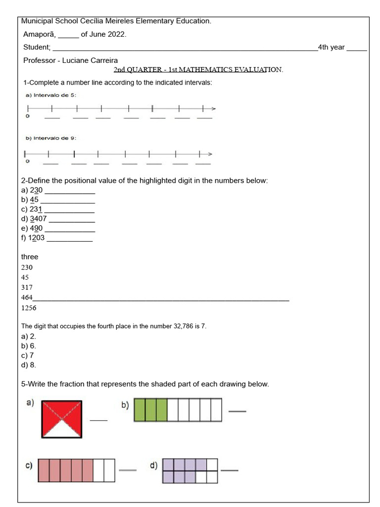 2nd Trimester Mathematics Assessment 2022 4th Grade | PDF