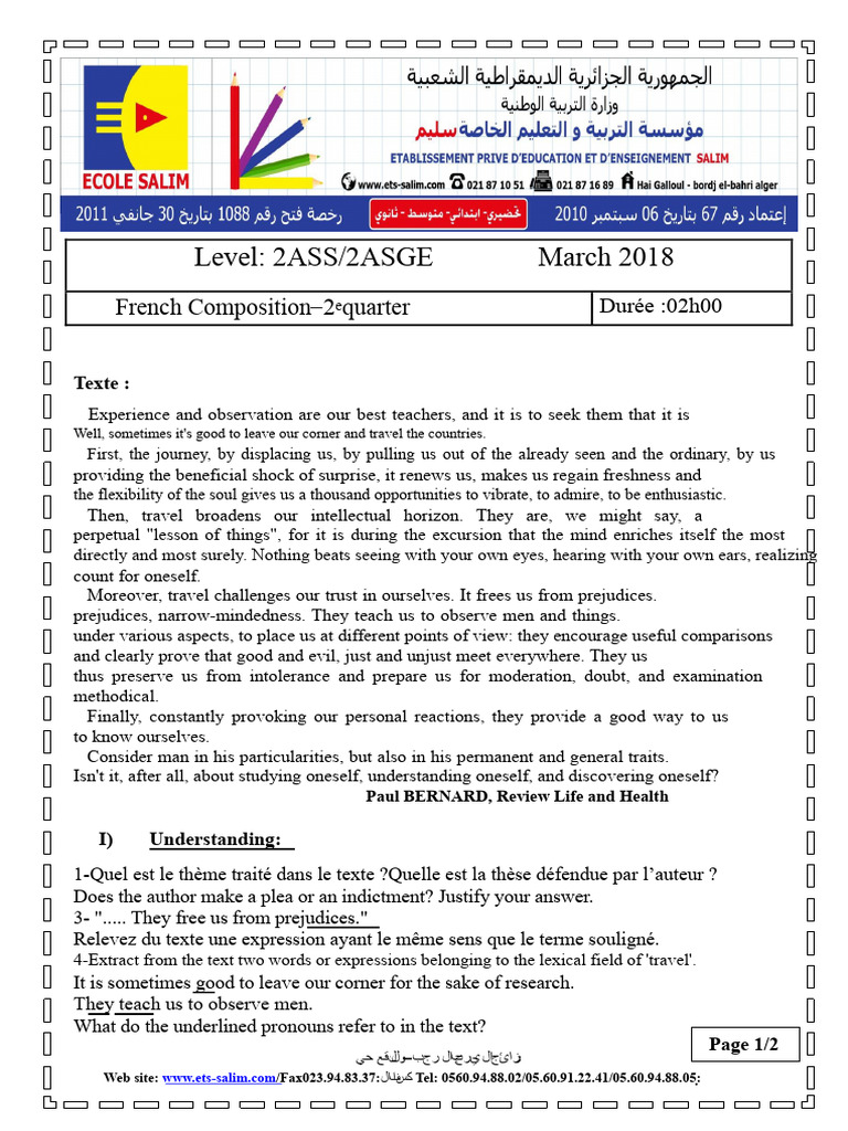 Corrected French Exam SC 2AS (2018-1) Trimester 2, Second Year ...