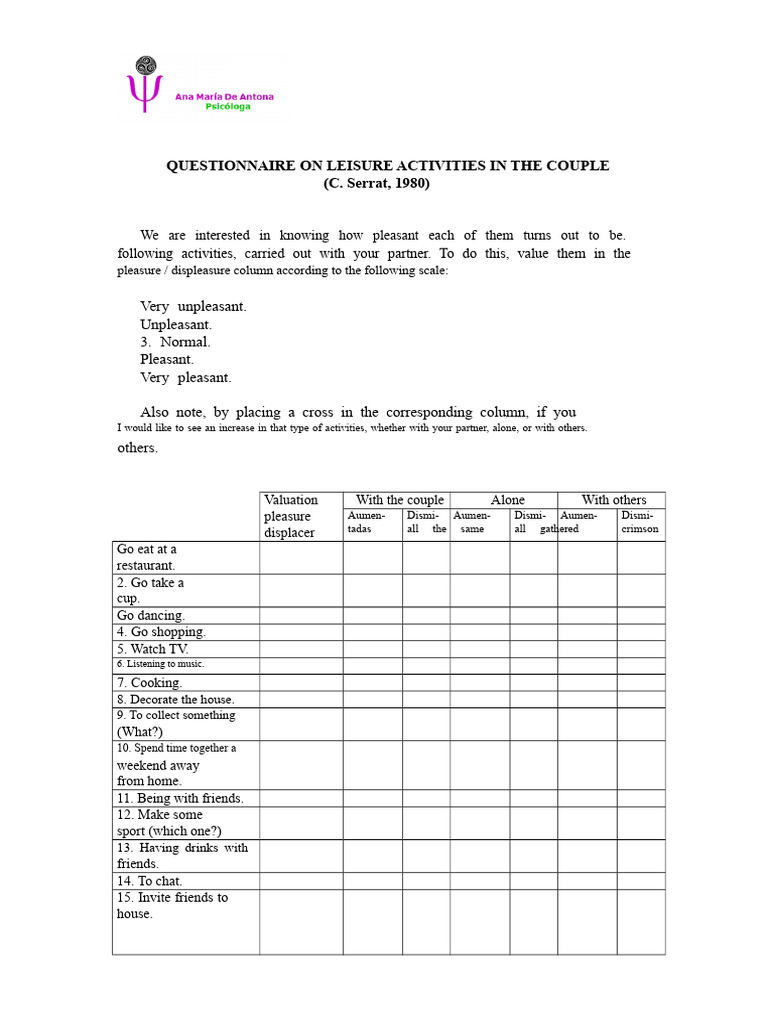 Leisure Activities Questionnaire for Couples | PDF | Psychology