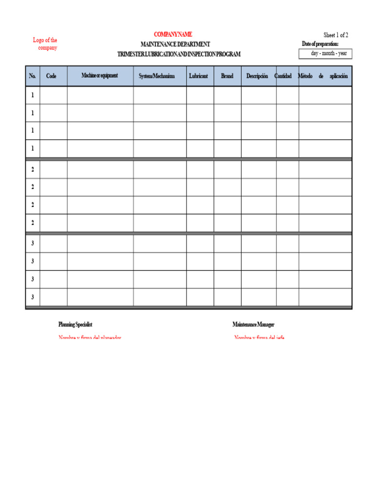 Formats - Lubrication Program and Route | PDF | Mechanical Engineering