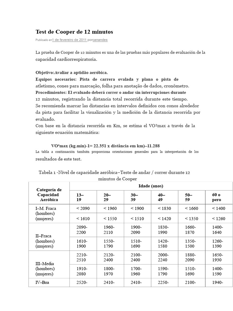 Test de Cooper: Evaluación Aeróbica 12 Minutos | PDF