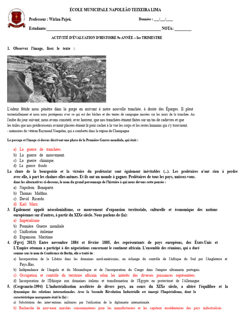 Évaluation sur la Première Guerre mondiale | PDF | Afrique | Révolutions