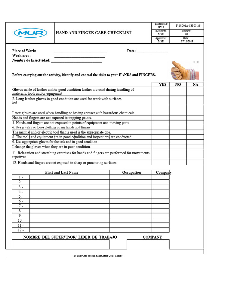 F-SSOMA-CH-01-26 Hand and Finger Care Checklist | PDF | Glove ...