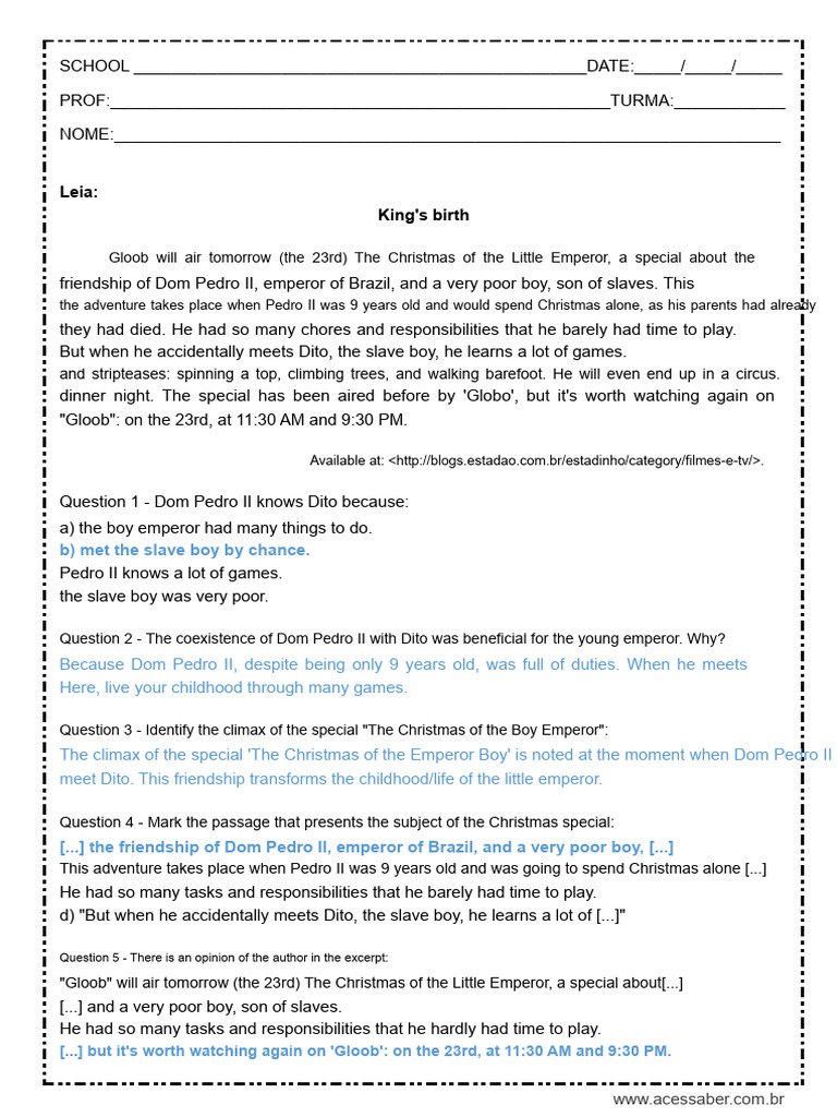 Text Interpretation - King Christmas - 7th Grade - Answers | PDF