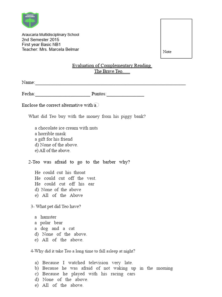 Complementary Reading Test 1st Grade The Brave TEO. | PDF