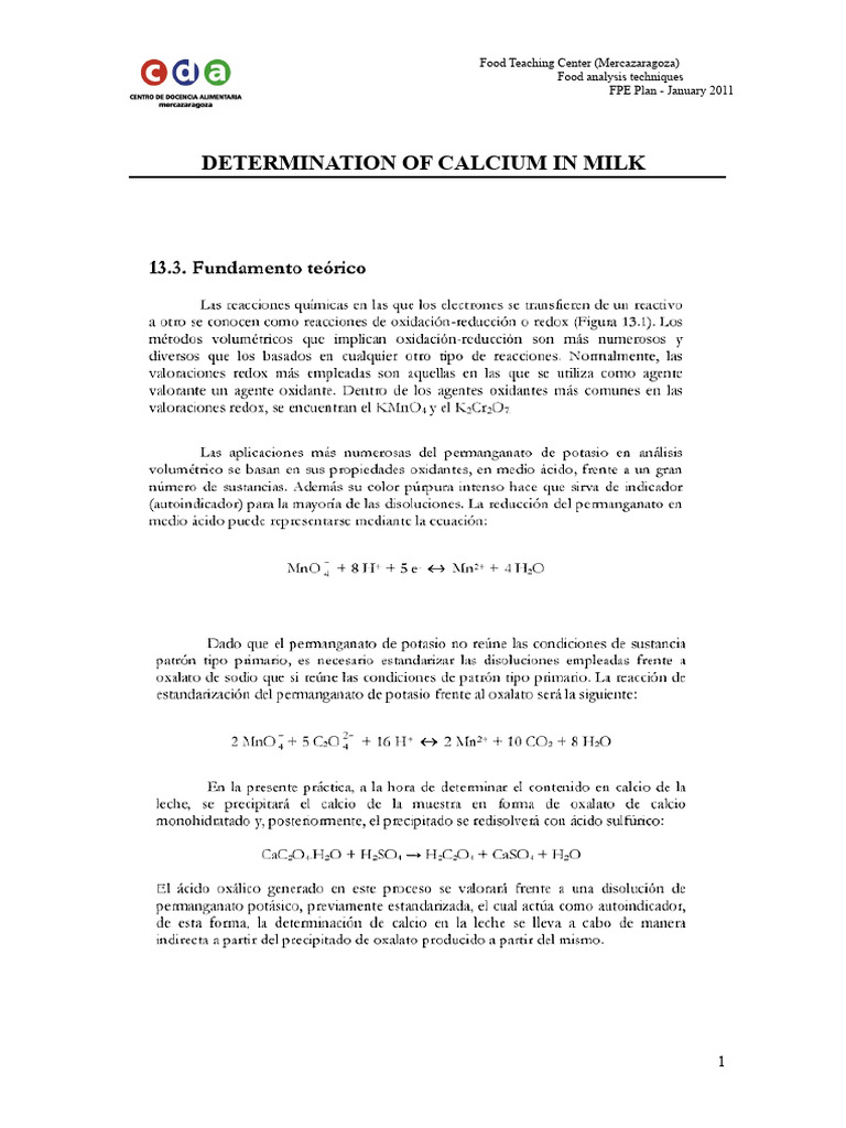 Calcium Determination in Milk Analysis | PDF | Calcium | Milk