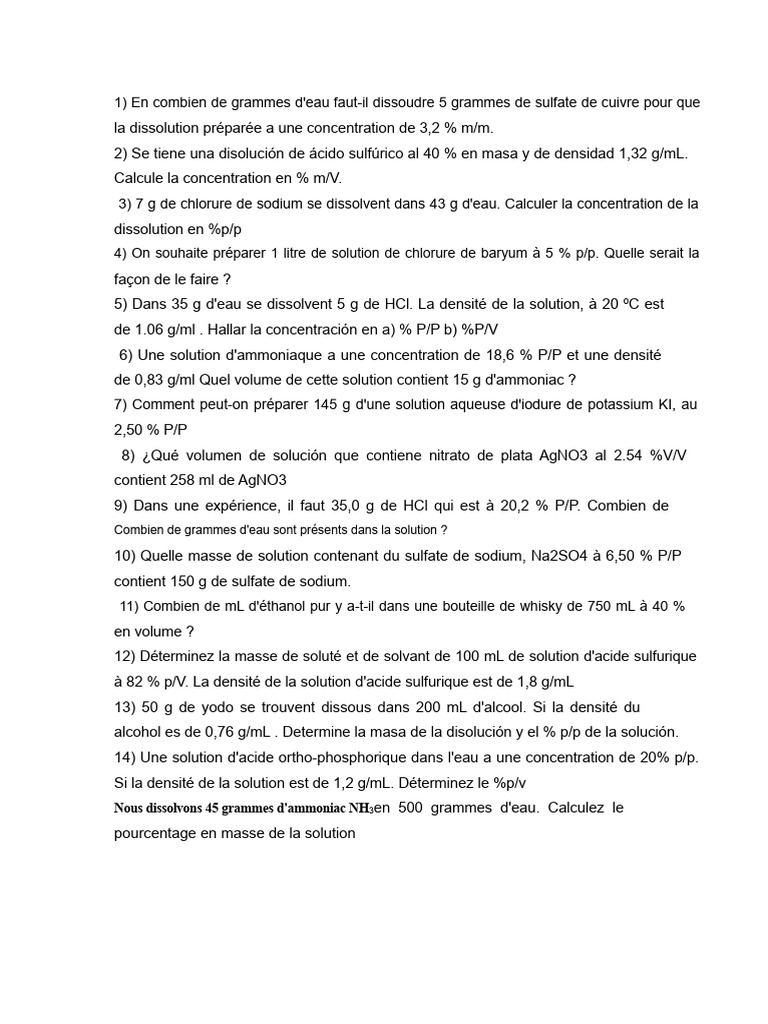 Calculs de concentrations en solutions chimiques | PDF | Substances ...