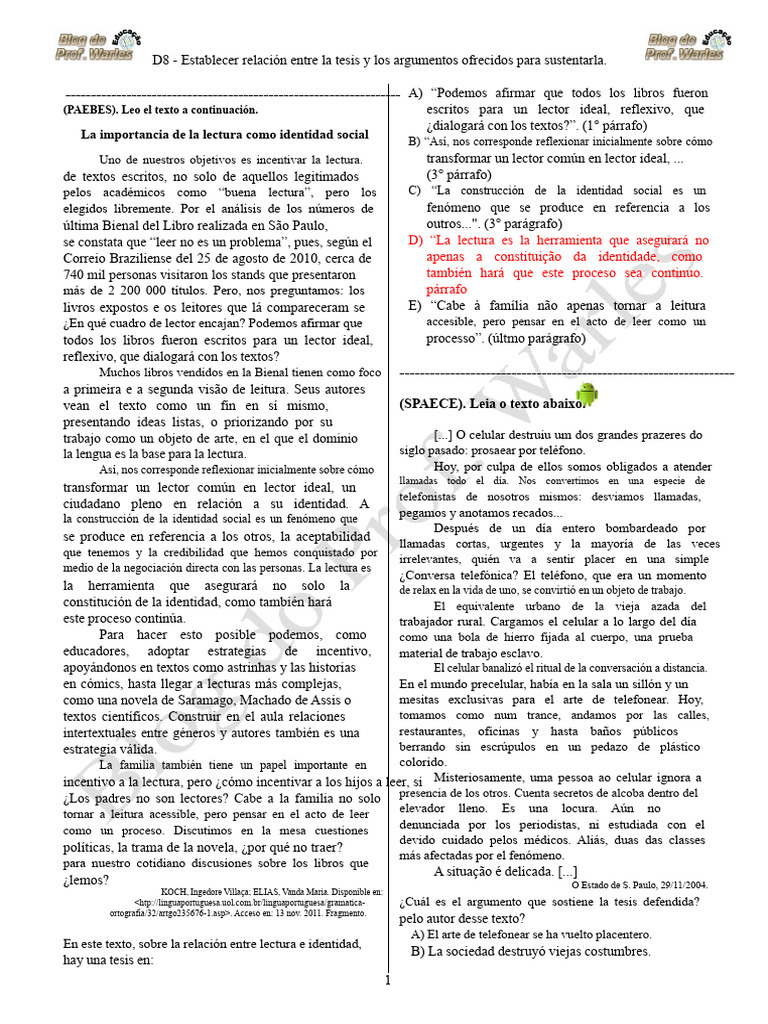 D8 (3 Serie - Educación Media - L.P - BLOG Del Prof. Warles) | PDF ...