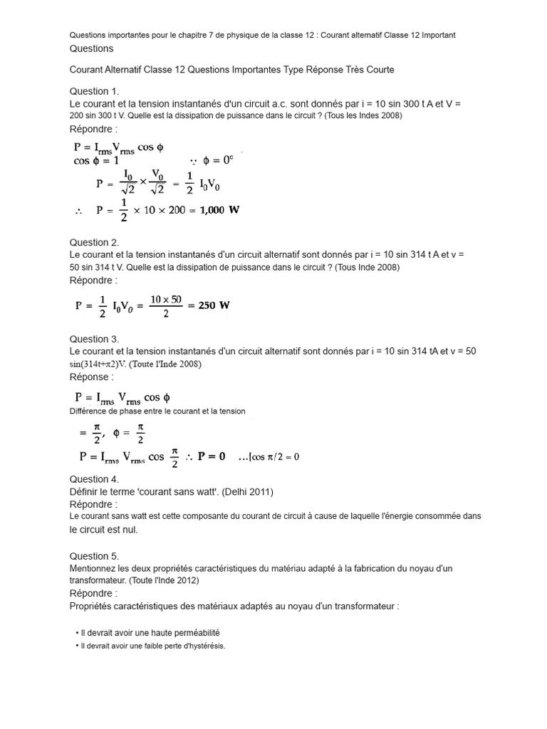 Questions Importants Pour La Physique de Classe 12 Chapitre 7 Courant ...