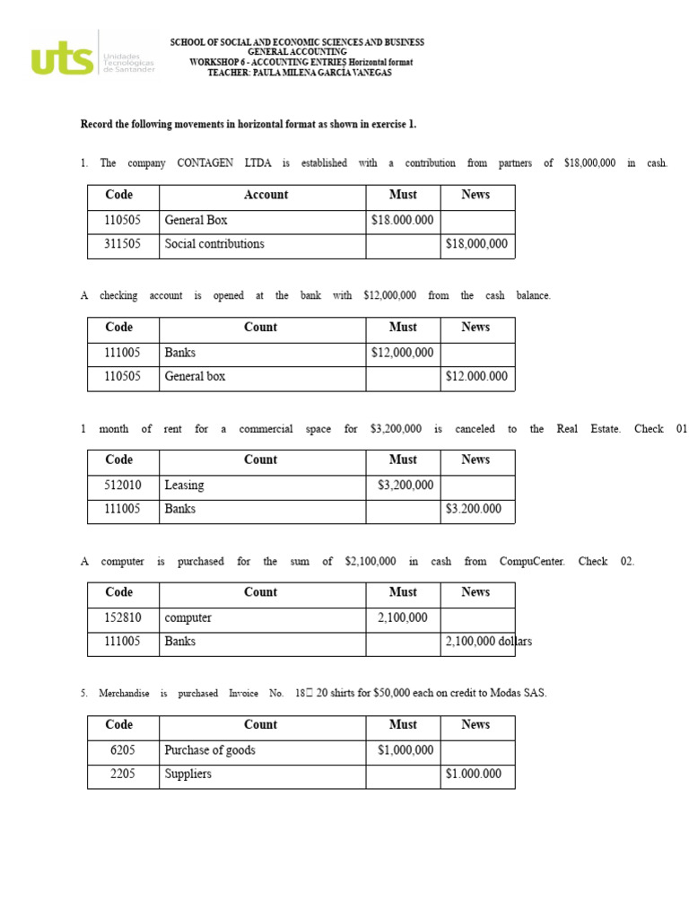WORKSHOP 6 - ACCOUNTING ENTRIES - Horizontal format | PDF | Banks | Renting