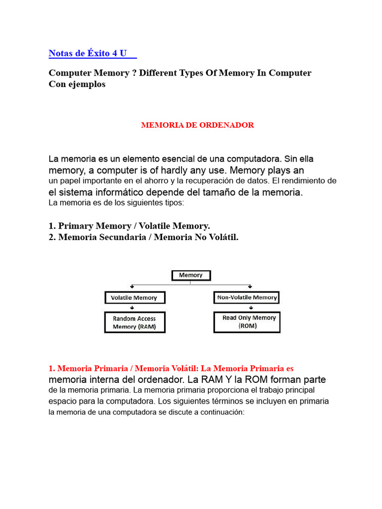 Tipos de Memoria en Computadoras | PDF | Almacenamiento de datos de la ...