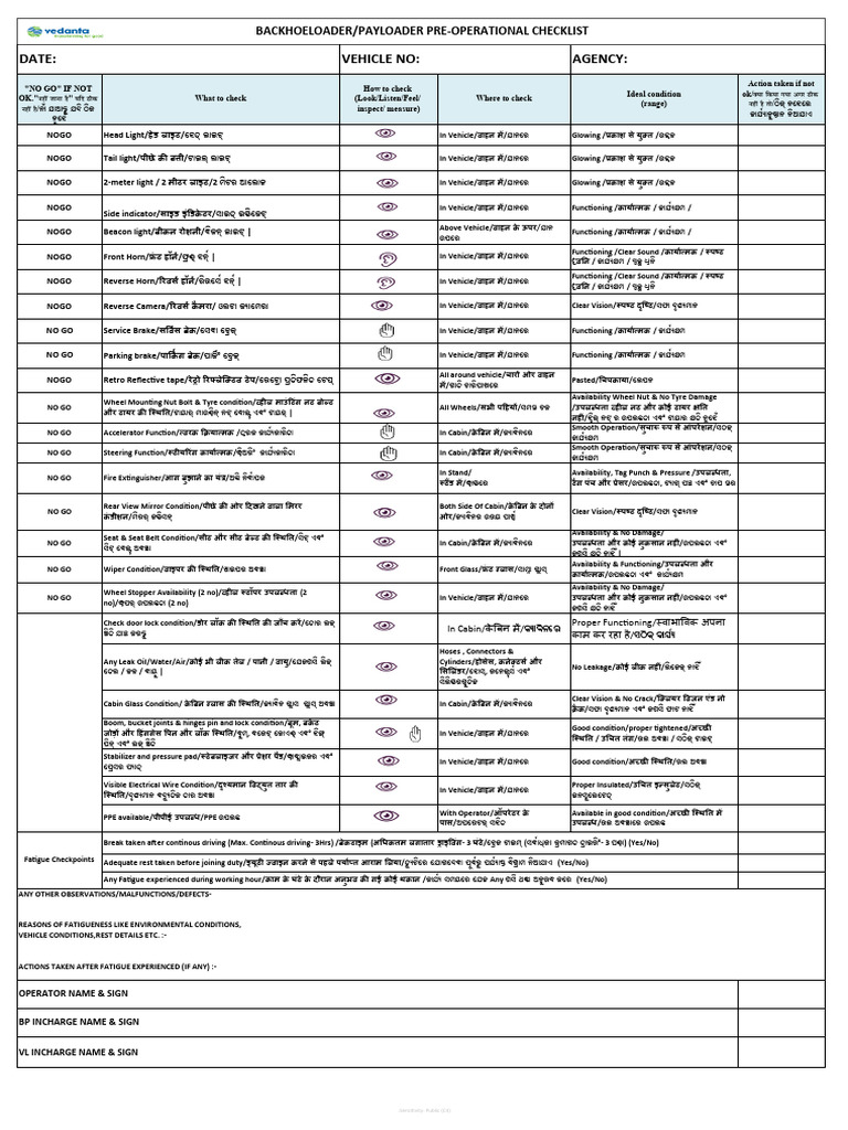 Backhoe Loader (Pre-Operational Check List) | PDF