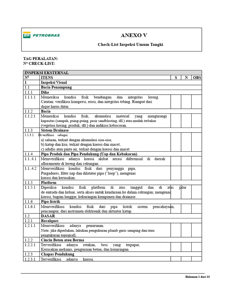Daftar Periksa Inspeksi Tangki Umum | PDF