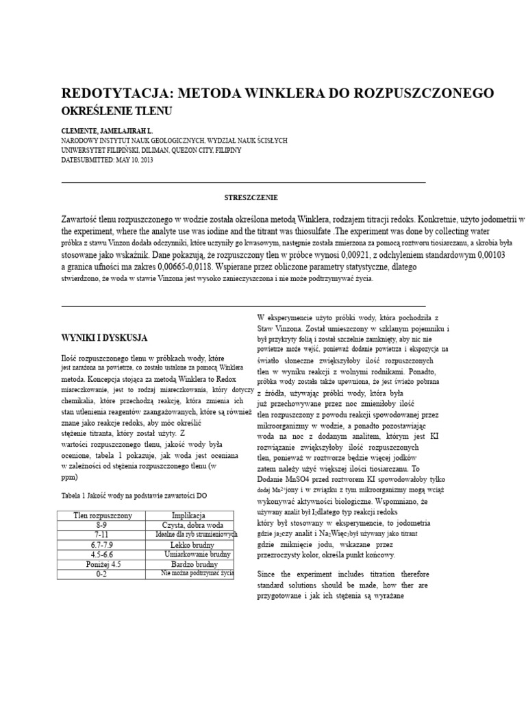REDOKSYDACYJNA TYTACJA METODĄ WINKLERA DLA ROZPUSTNOŚCI. | PDF
