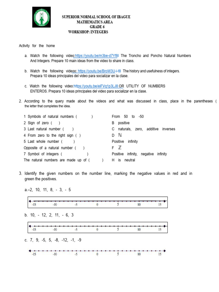 Workshop 3 Concept of Integers | PDF | Numbers | Integer