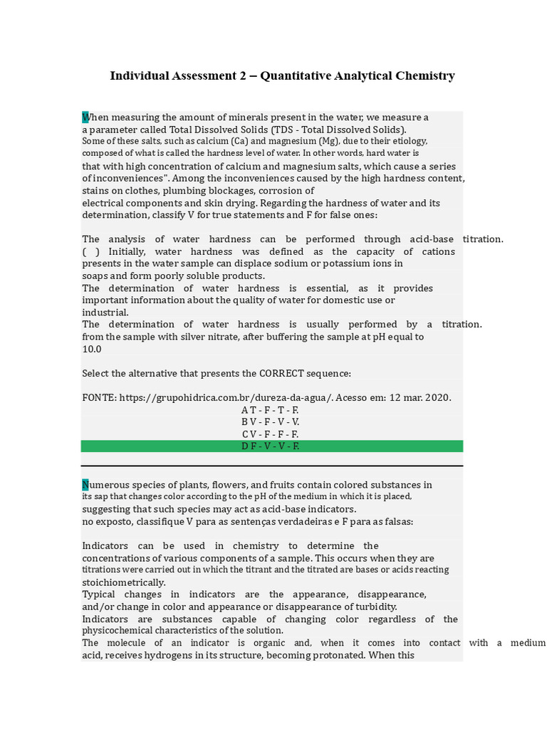 Individual Assessment 1 and 2 - Quantitative Analytical Chemistry | PDF ...