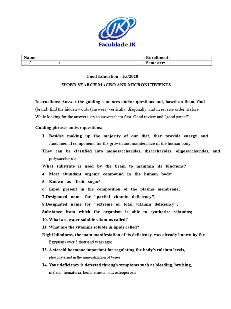 Word Search: Macro & Micronutrients | PDF | Lipid | Natural Products