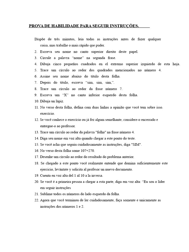 Prova de Habilidade em Seguir Instruções | PDF