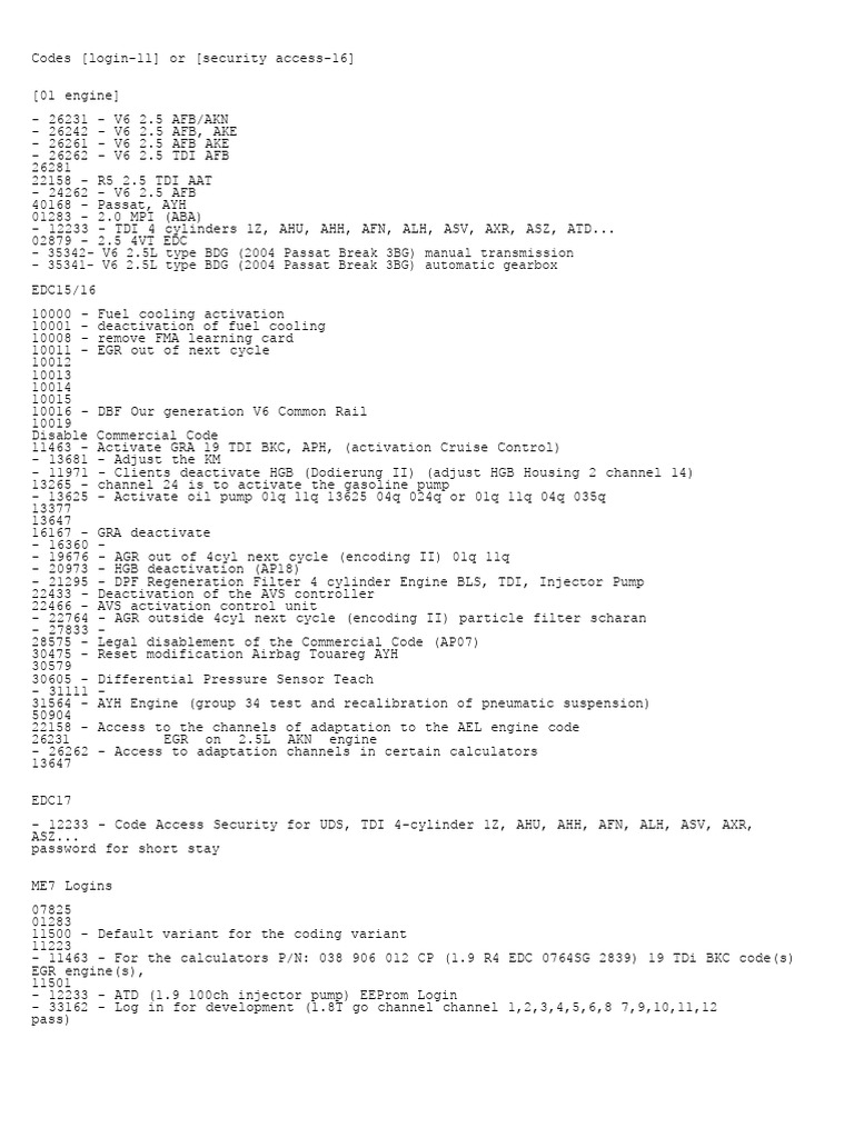 Engine Codes and Security Access Guide | PDF | Motor Vehicle | Vehicle ...