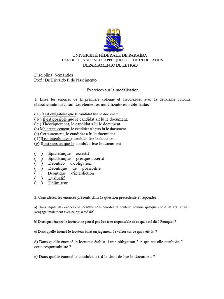 Exercices de modalisation en sémantique | PDF | Linguistique