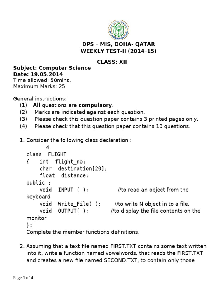 02 Class XII Weekly Test2014-15 - Class XII - 2014-2015 | PDF | Pointer ...