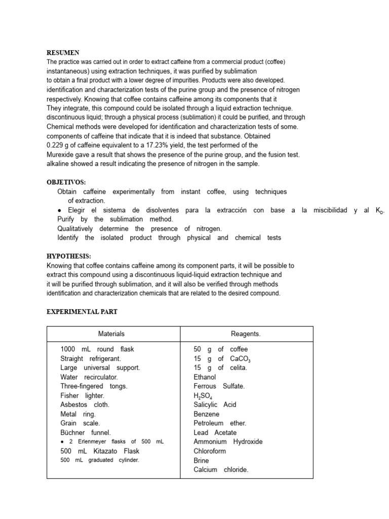 Caffeine Extraction and Purification Methods | PDF | Filtration ...