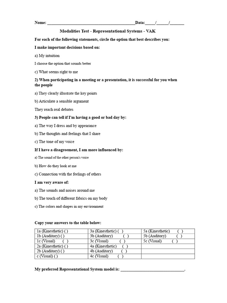 Representational System Test - Visual, Auditory, and Kinesthetic | PDF