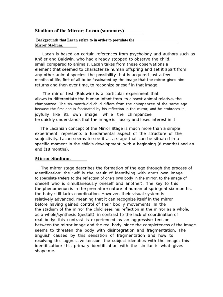 Lacan's Mirror Stage Explained | PDF | Neuroscience | Psychological ...