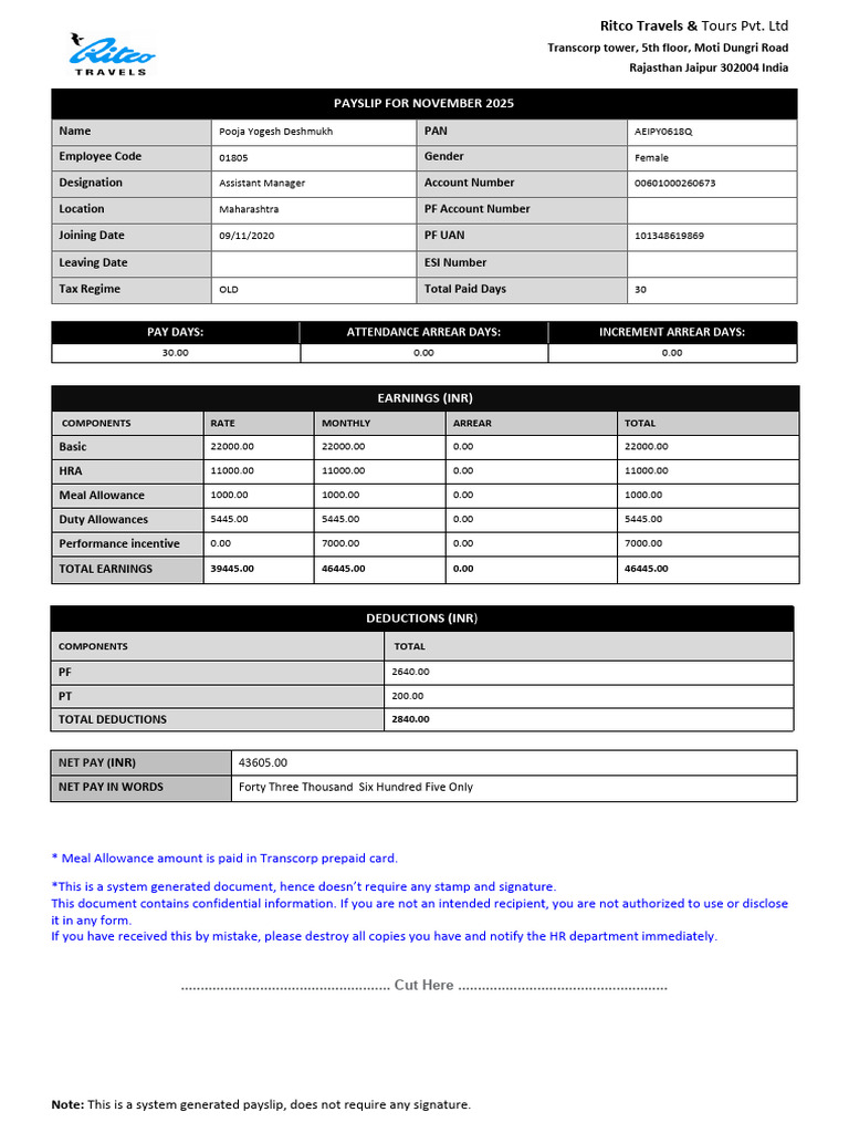 November 2025 Payslip for Pooja Deshmukh | PDF | Paycheck | Personal ...