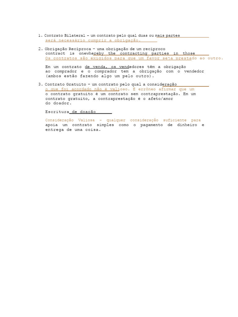 Definição de Contrato Bilateral Recíproco Gratuito e Exemplos | PDF
