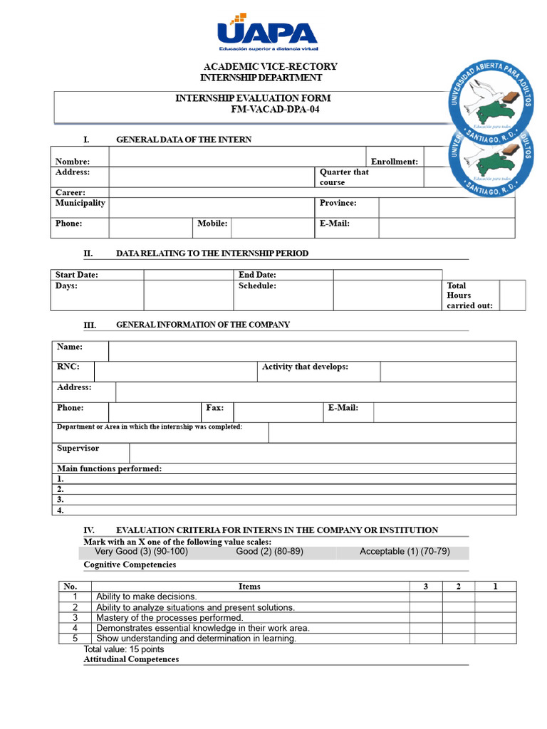 Internship Evaluation Form Template | PDF | Behavior Modification ...