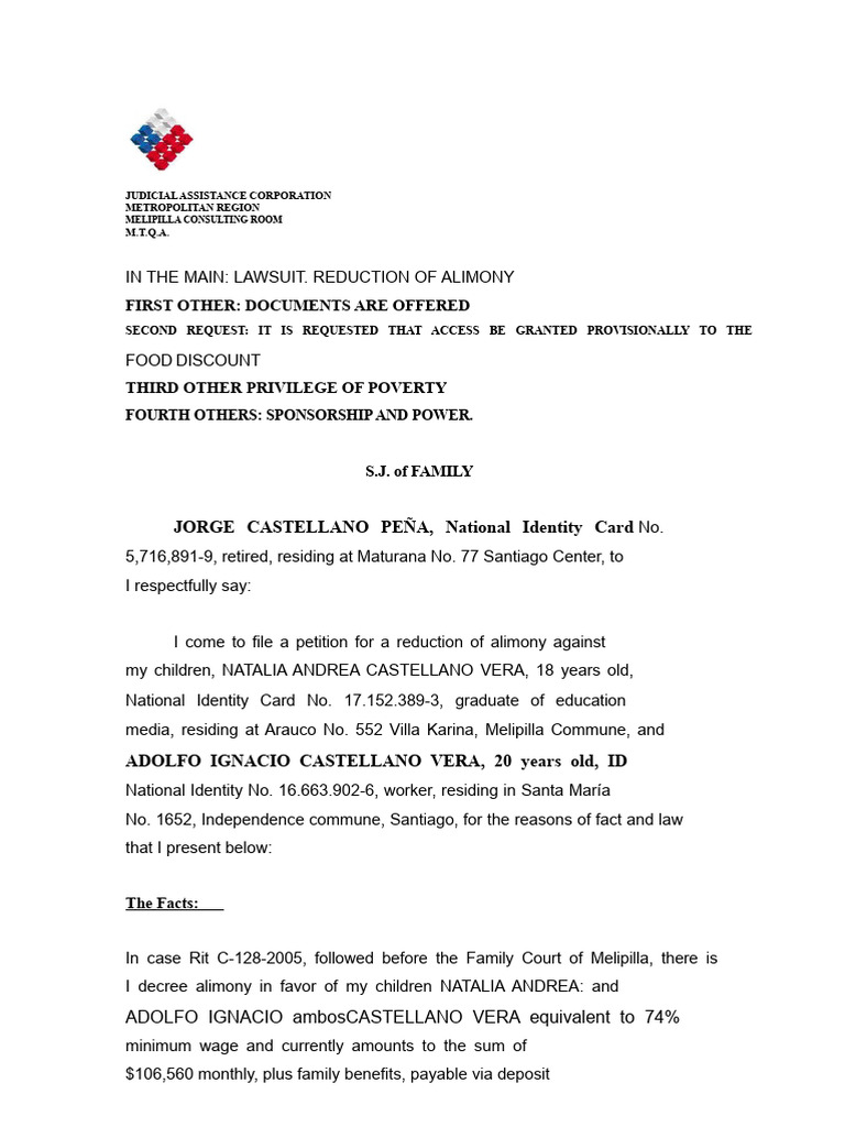 Demand For Reduction of Alimony Jorge Castellano Peña | PDF | Child ...