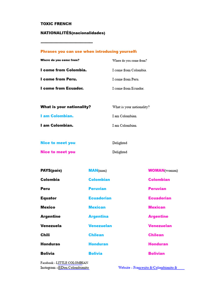 Introduction to Nationalities in French | PDF | Ecuador | Colombia